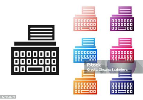 흰색 배경에 격리 된 검은 복고풍 타자기 및 종이 시트 아이콘 다채로운 아이콘을 설정합니다 벡터 일러스트레이션 골동품에 대한 스톡 벡터 아트 및 기타 이미지 Istock