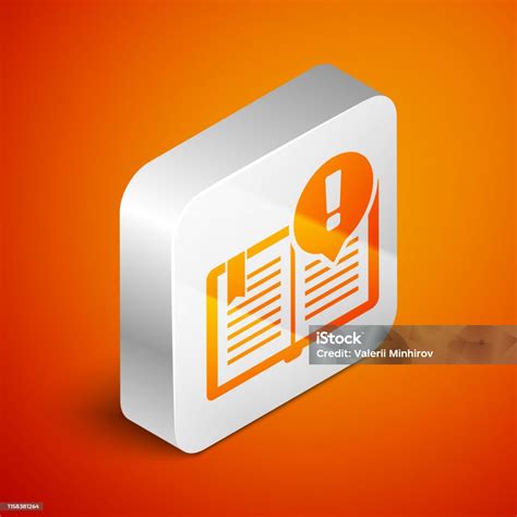 주황색 배경에 격리된 등각칭 흥미로운 사실 아이콘입니다 책 또는 기사 기호 느낌표 기호입니다 실버 스퀘어 버튼 벡터