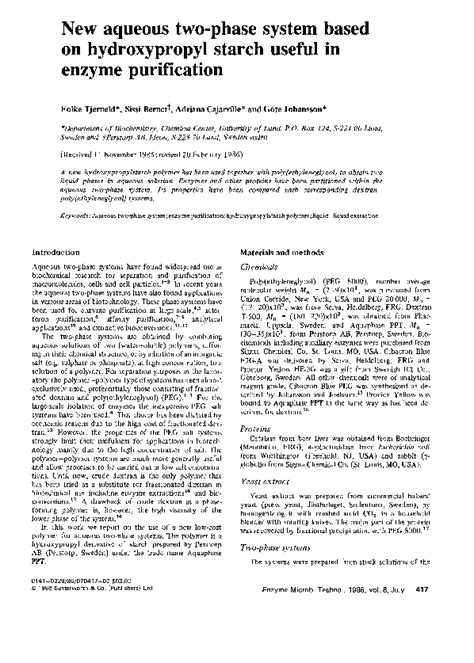 Pdf New Aqueous Two Phase System Based On Hydroxypropyl Starch Useful In Enzyme Purification