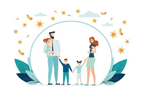 아이들과 함께 행복한 부모는 바이러스와 질병으로부터 보호됩니다 좋은 면역 예방 접종 및 건강한 라이프 스타일 트렌디 한 스타일의 가족 초상화 플랫 벡터 일러스트레이션 가족에