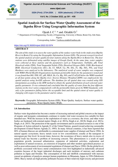Pdf Spatial Analysis For Surface Water Quality Assessment Of The Ikpoba River Using Geographic