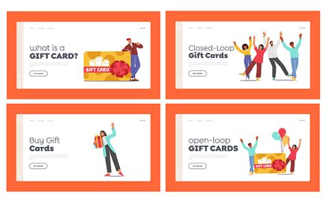 기프트 카드 방문 페이지 템플릿 세트로 쇼핑하는 행복한 사람들 남성과 여성 캐릭터가 물건과 선물을 사는 것 개념에 대한 스톡 벡터 아트 및 기타 이미지 Istock