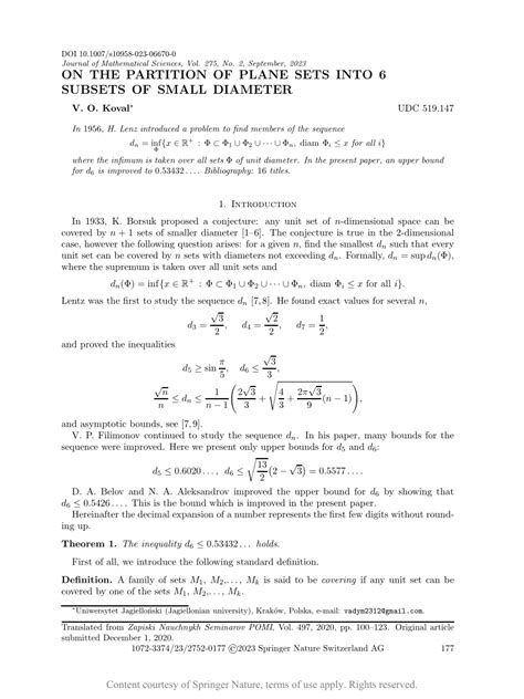 On The Partition Of Plane Sets Into 6 Subsets Of Small Diameter