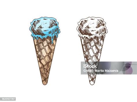 손으로 그린 컬러 및 흑백 스케치 세트와 냉동 요구르트 또는 아이스크림을 곁들인 와플 콘 빈티지 일러스트입니다 라벨 포장 및 엽서의 요소 고풍스런에 대한 스톡 벡터 아트 및