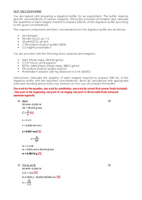 Glp Calculations Memo Glp Calculations You Are Tasked With Preparing A Digestion Buffer For An