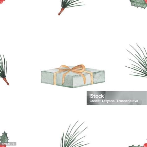 선물 상자 가문비나무 소나무 크리스마스 트리 크리스마스 트리의 가지를 가진 수채화 이음새가 없는 패턴 새해 크리스마스 패턴입니다 섬유 포장지 스크랩북 식탁보 가정 장식에