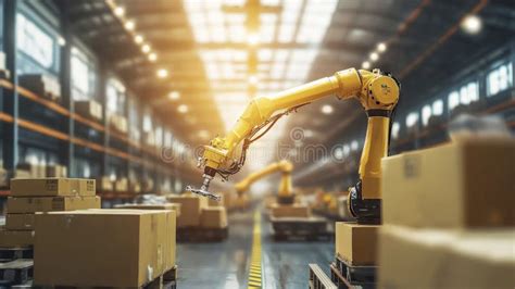 Yellow Robotic Arm Sorting Boxes In A Warehouse Stock Illustration