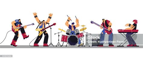 콘서트나 음악 축제에서 공연하는 록 밴드 흰색 배경에 분리된 평면 벡터 그림 Performance Group에 대한 스톡 벡터 아트 및 기타 이미지 Performance
