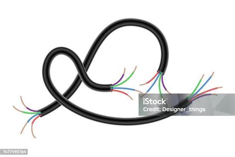 끊어진 전기 구리선 또는 코드 손상된 전원 케이블 노출 된 와이어로 찢어진 와이어 위험 전기 문제 컬러 전기 케이블 흰색 배경에