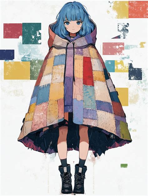 귀여운 파란 머리 소녀 패치워크 망토를 입고 있습니다