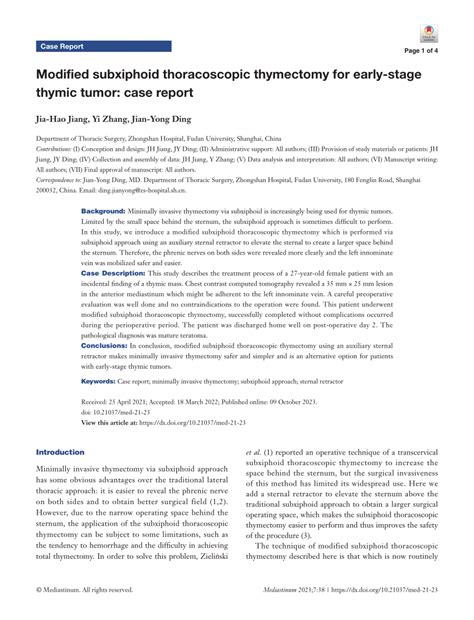 Pdf Modified Subxiphoid Thoracoscopic Thymectomy For Early Stage Thymic Tumor Case Report