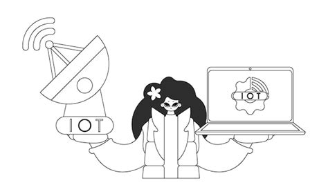 Premium Vector Woman Holds Antenna And Laptop To Work With Iot Data Vector And Linear Design