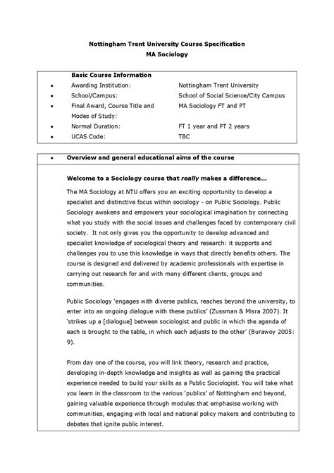 Course Specification Ma Sociology Schemes And Mind Maps Sociology Docsity