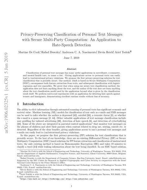 privacy preserving classification of personal text messages with secure multi party computation