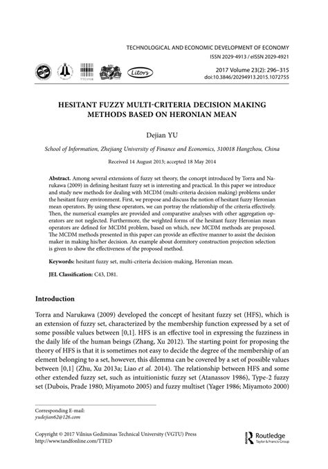 Pdf Hesitant Fuzzy Multi Criteria Decision Making Methods Based On Heronian Mean