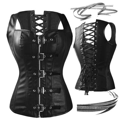 Women Punk Corset Slimming Body Shaper Steel Boned Bandage Bustier Shapewear Black Leather