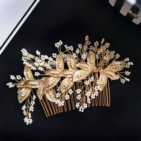 Dower Me Bridal Gold Leaf Hair Comb Pearls Wedding Hair Vine
