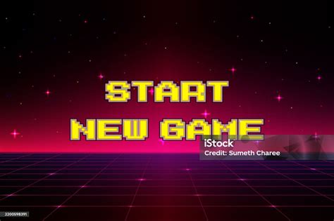 새 게임을 시작합니다 픽셀 아트 8 비트 게임 복고풍 게임 벡터 일러스트레이션의 게임 자산용 복고풍 미래파 공상 과학 배경 빛나는 네온 그리드 그리고 빈티지 아케이드 콤프의
