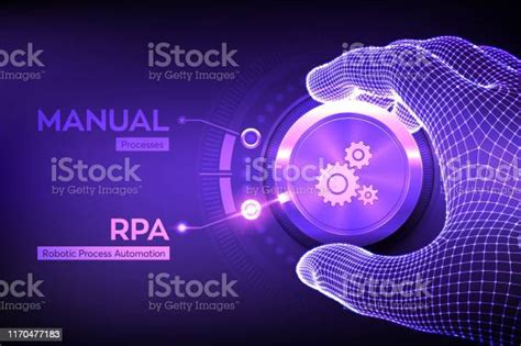 Rpa 로봇 프로세스 자동화 혁신 기술 개념 와이어 프레임 손 은 노브를 선회하고 Rpa 모드를 선택합니다 지능형 시스템 자동화 Ai 인공 지능 벡터 그림입니다 로봇