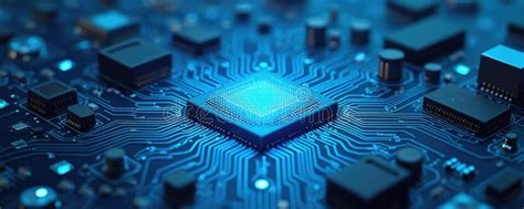 Blue Circuit Board Closeup Central Processor Microchips Complex Circuitry Represents Modern