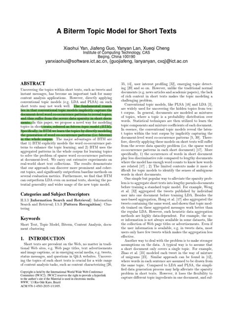 A Biterm Topic Model For Short Texts Pdf Statistical Models