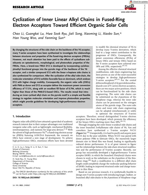 Pdf Cyclization Of Inner Linear Alkyl Chains In Fused‐ring Electron Acceptors Toward Efficient
