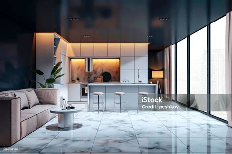 대리석 바닥 넓은 디자인 대형 창문 따뜻한 조명으로 밝혀진 아늑한 좌석 공간을 갖춘 모던하고 고급스러운 주방 인테리어 3d 렌더링 0명에 대한 스톡 사진 및 기타 이미지