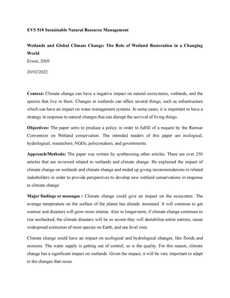summary 1 example of summarizing the journal evs 518 sustainable
