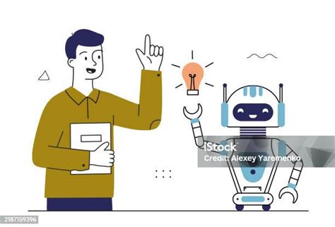인공 지능 앱 로봇과 함께 브레인스토밍하는 남자 가상 도우미 및 조수 워크플로우 자동화 아이디어를 가진 인간과 봇 선형 벡터 그림 0명에 대한 스톡 벡터 아트 및 기타