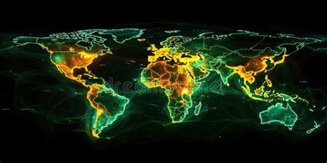 Global Connectivity Visualization With Neon Lines Representing Data Flow Across Continents Stock