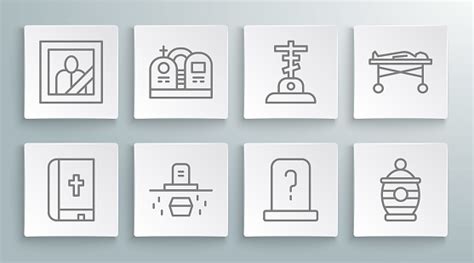 세트 라인 성경 책 묘비 관 장례 항아리 십자가 시체 시체 모르그와 애도 사진 프레임 아이콘 벡터 공포 무서움에 대한 스톡 벡터 아트 및 기타 이미지 Istock