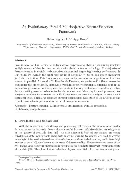 Pdf An Evolutionary Parallel Multiobjective Feature Selection Framework