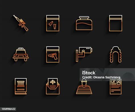 세트 라인 법률 책 소환장 범위와 스나이퍼 소총 죄수 소송 종이 증거 가방과 권총 또는 총 판사 가발 및 보안 카메라 아이콘