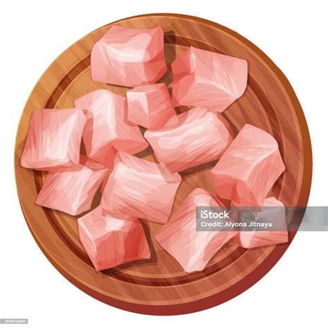 닭고기 조각 큐브 생고기 흰색 배경에 격리된 만화 스타일의 나무 조각에 잘게 썬 조각 익히지 않은 재료 벡터 그림 가금류에 대한 스톡 벡터 아트 및 기타 이미지 Istock