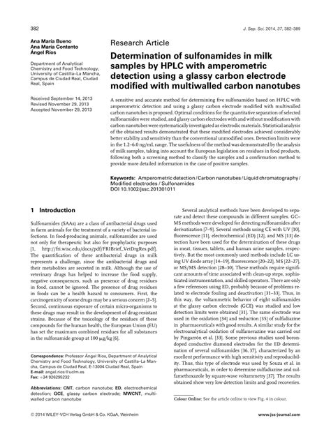 Pdf Determination Of Sulfonamides In Milk Samples By Hplc With Amperometric Detection Using A