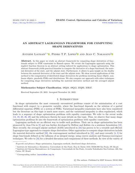 Pdf An Abstract Lagrangian Framework For Computing Shape Derivatives