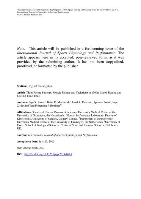 Pdf Pacing Strategy Muscle Fatigue And Technique In 1500m Speed Skating And Cycling Time Trials