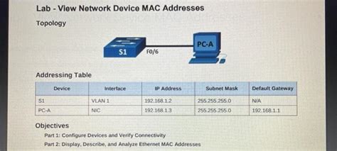 Lab View Network Device Mac Addresses Topology Pc A