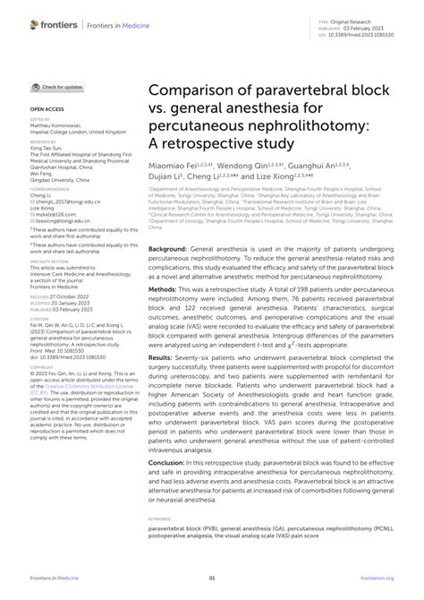 Pdf Comparison Of Paravertebral Block Vs General Anesthesia For Percutaneous Nephrolithotomy