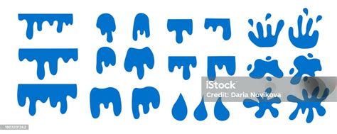 물방울 수집이 있는 스플래시 실루엣 물방울 모양 액체 파열 손으로 그린 벡터 실루엣 물방울 방울 액체 그림의 평면 세트가 튀어 나옵니다 페인트에 대한 스톡 벡터 아트 및
