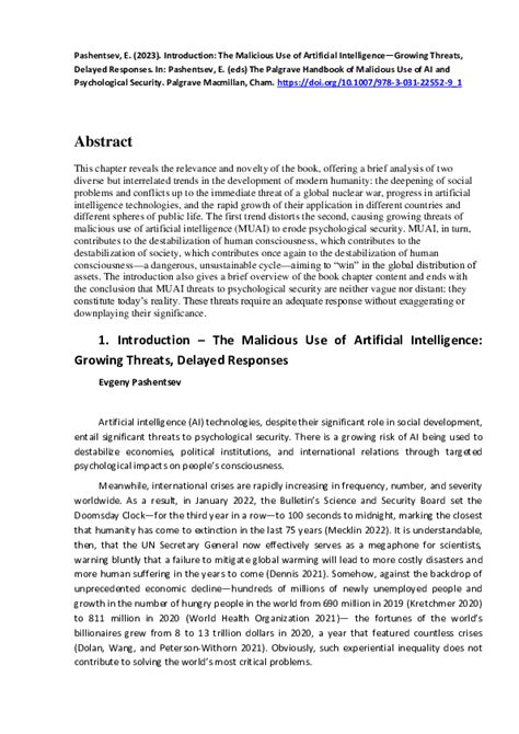 Pdf Introduction The Malicious Use Of Artificial Intelligence Growing Threats Delayed Responses
