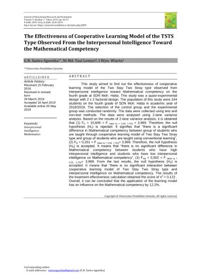 View Of The Effectiveness Of Cooperative Learning Model Of The Tsts Type Observed From The