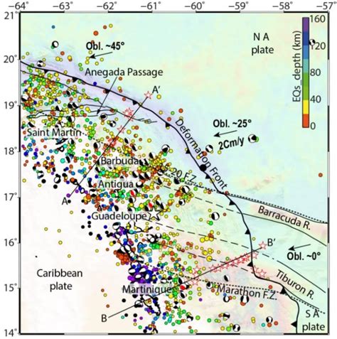 seismicity distribution along the lesser antilles margin the colored