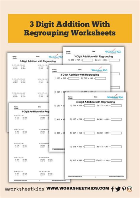 3 Digit Addition With Regrouping Worksheet For 2nd And 3rd Grade
