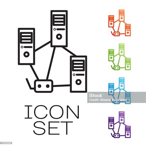 흰색 배경에 격리 된 검은 선 컴퓨터 네트워크 아이콘입니다 랩톱 네트워크 인터넷 연결 다채로운 아이콘을 설정합니다 벡터 일러스트레이션 0명에 대한 스톡 벡터 아트 및 기타