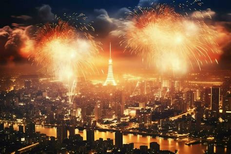 Beautiful Firework Show With Cityscape At Night For Celebration Happy New Year Firework Display