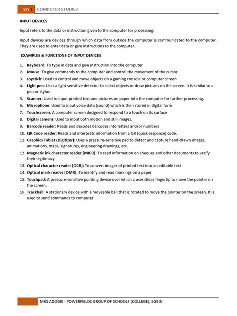 Input Devices Examples And Functions Pdf Technology And Engineering