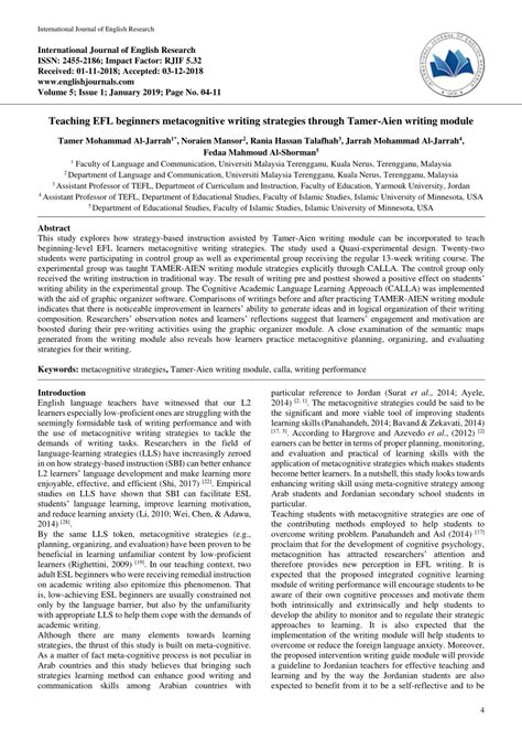 Pdf Teaching Efl Beginners Metacognitive Writing Strategies Through Tamer Aien Writing Module