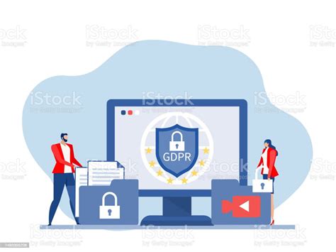 Gdpr 및 개인 정보 보호 정책 비즈니스 데이터 및 법률 정보를 보호하는 사람들 일반 개인 정보 보호 규정 개인 정보 관리 및 보안 벡터 일러스트레이션 개인 정보에 대한