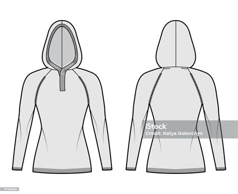 리브 헨리 넥 긴 라글란 슬리브 슬림핏 엉덩이 길이 리브 트리밍이 돋진 후드 스웨터 테크니컬 패션 일러스트 재킷에 대한 스톡 벡터 아트 및 기타 이미지 Istock